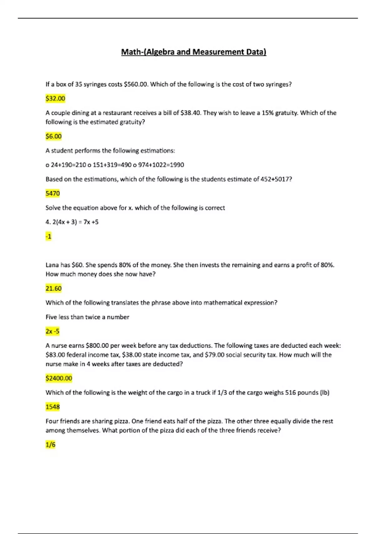 Mathematics; Algebra, Measurement, Equations & Estimations Questions ...