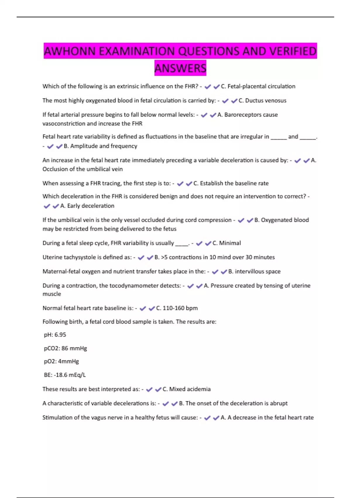 AWHONN EXAMINATION QUESTIONS AND VERIFIED ANSWERS - AWHONN - Stuvia US