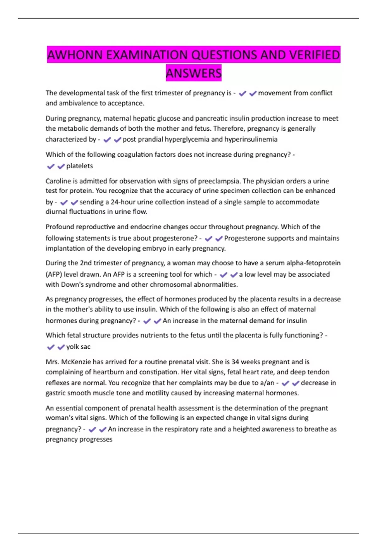 AWHONN EXAMINATION QUESTIONS AND VERIFIED ANSWERS - AWHONN - Stuvia US