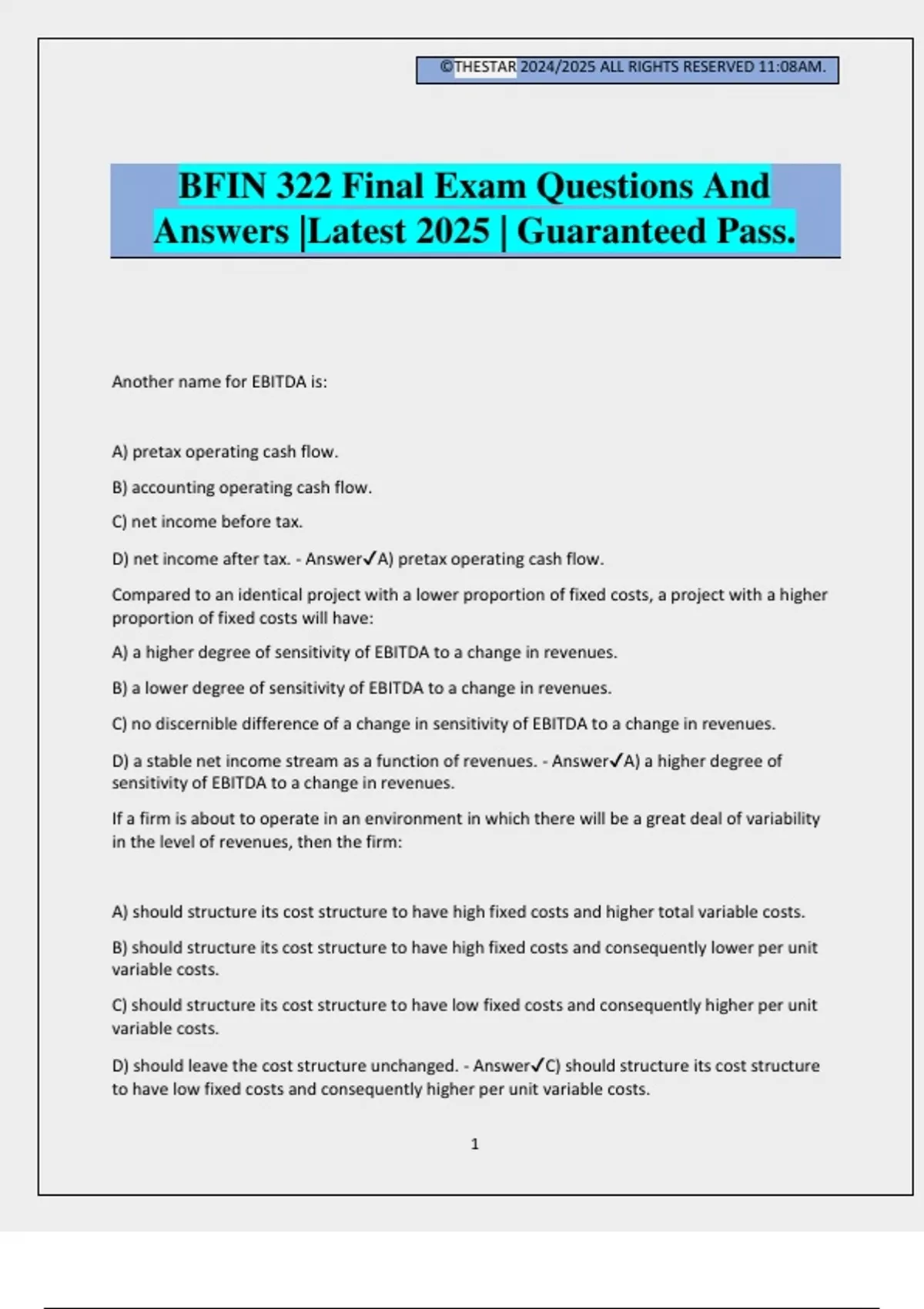 BFIN 322 Final Exam Questions And Answers |Latest 2025 | Guaranteed ...