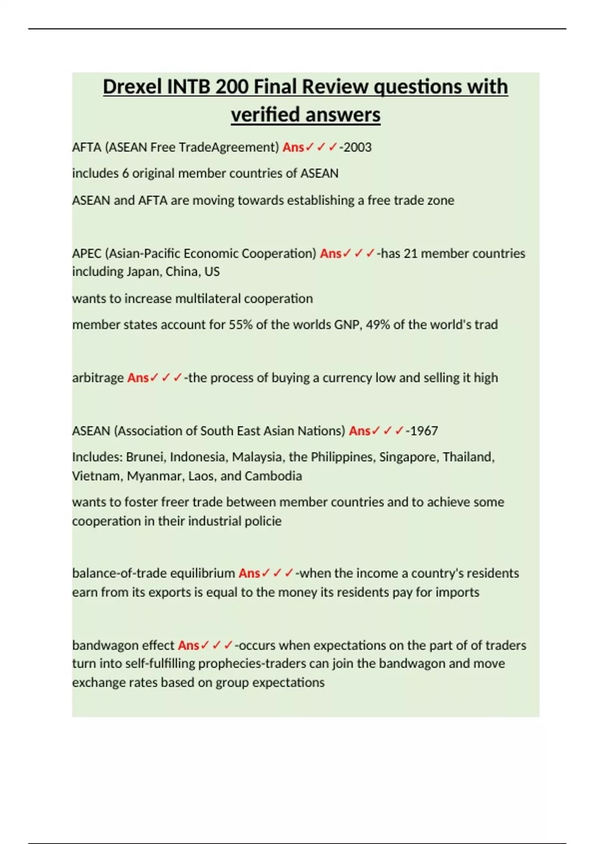 Drexel INTB 200 Final Review questions with verified answers ...