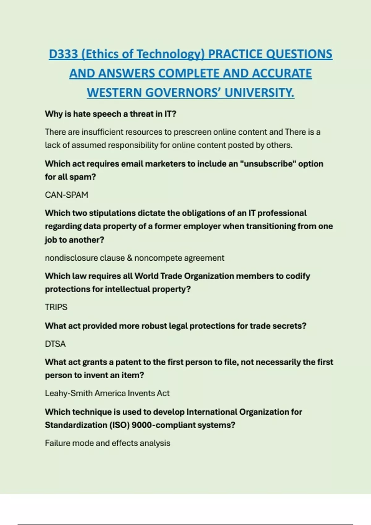 D333 (Ethics of Technology) PRACTICE QUESTIONS AND ANSWERS COMPLETE AND ...