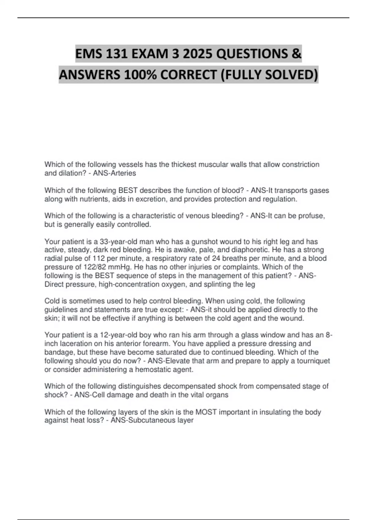 EMS 131 EXAM 3 2025 QUESTIONS & ANSWERS 100% CORRECT (FULLY SOLVED ...