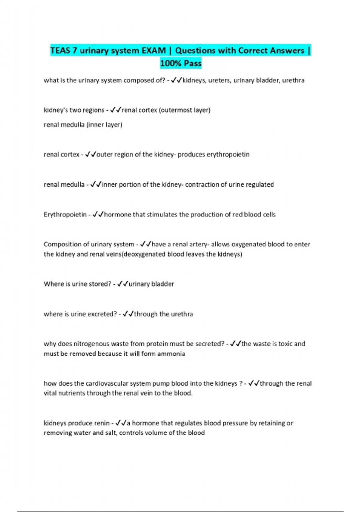 TEAS 7 urinary system EXAM | Questions with Correct Answers | 100% Pass ...