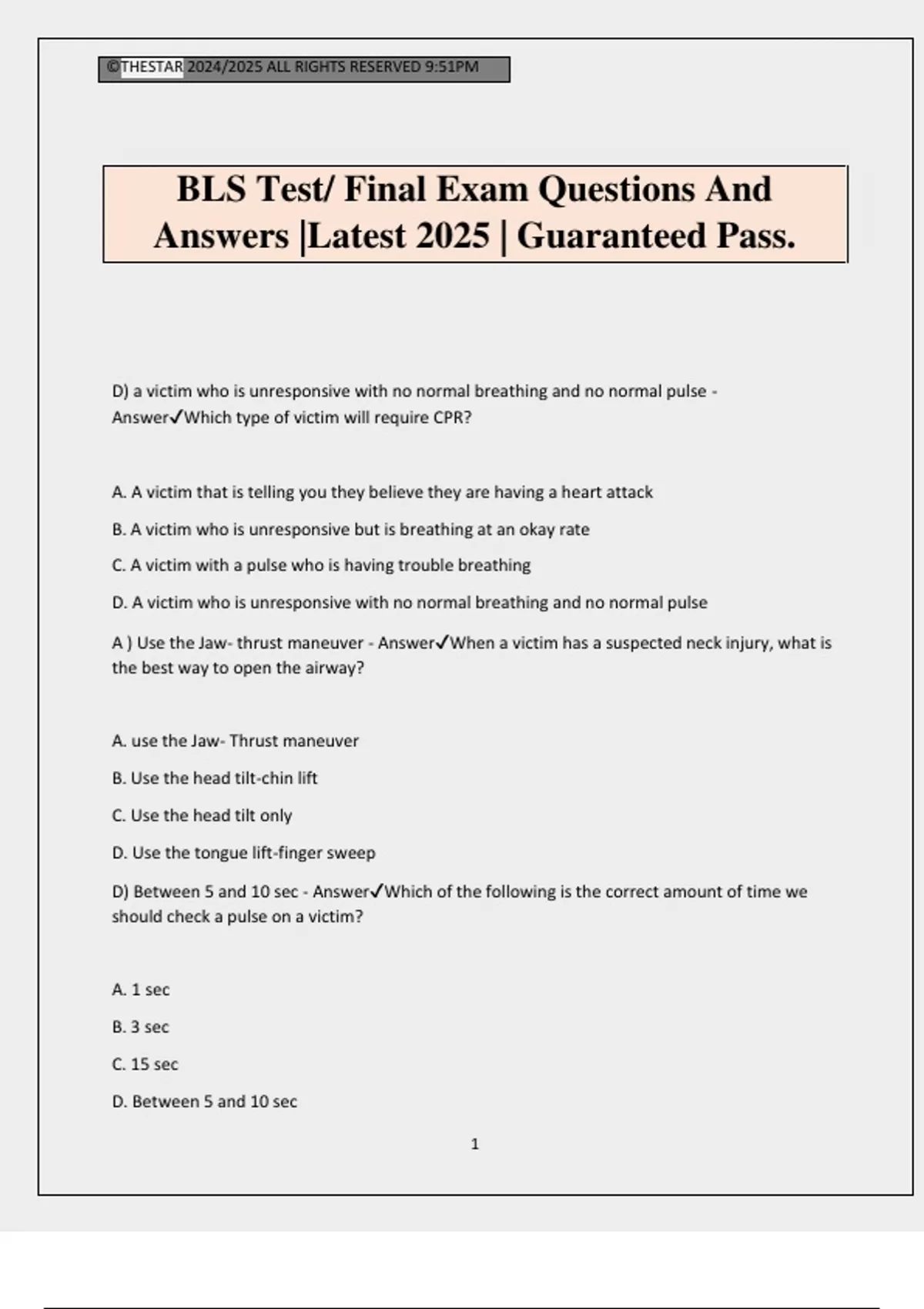 BLS Test/ Final Exam Questions And Answers |Latest 2025 | Guaranteed ...