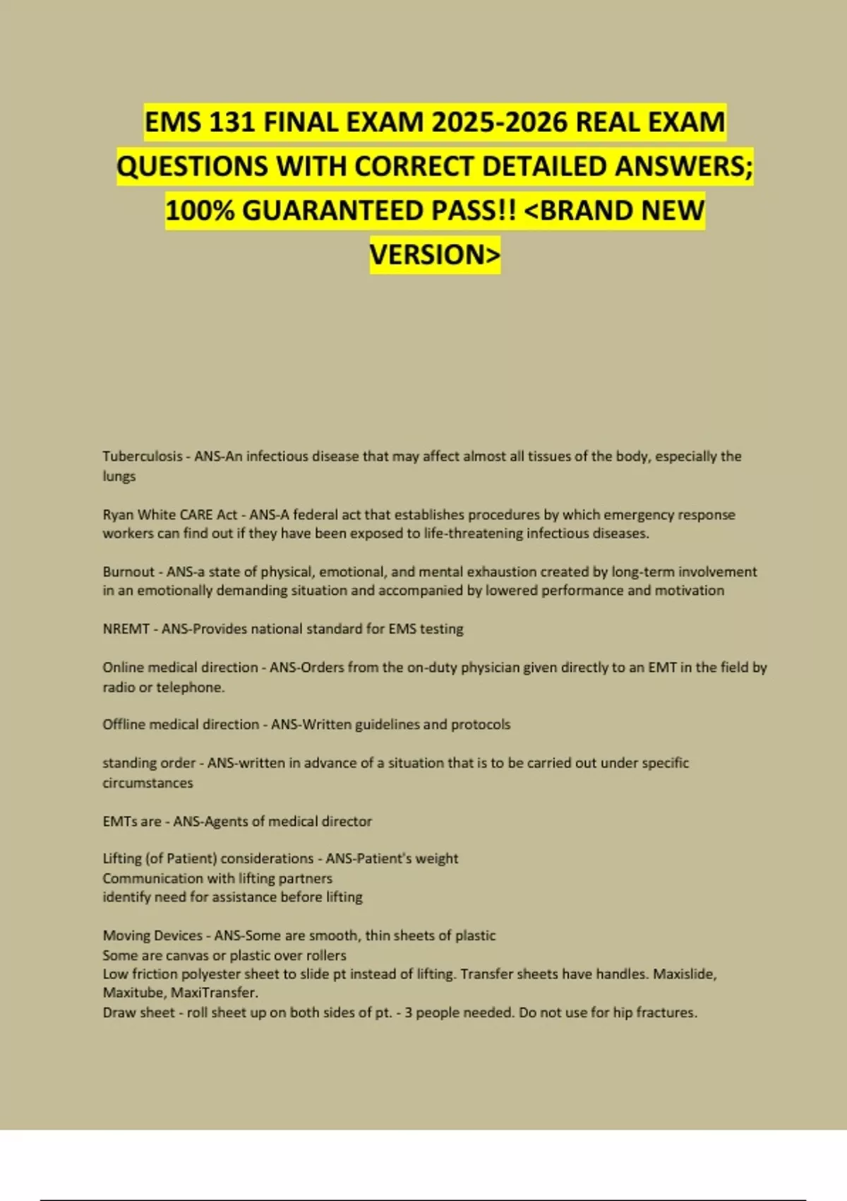 EMS 131 FINAL EXAM REAL EXAM QUESTIONS WITH CORRECT DETAILED ANSWERS ...