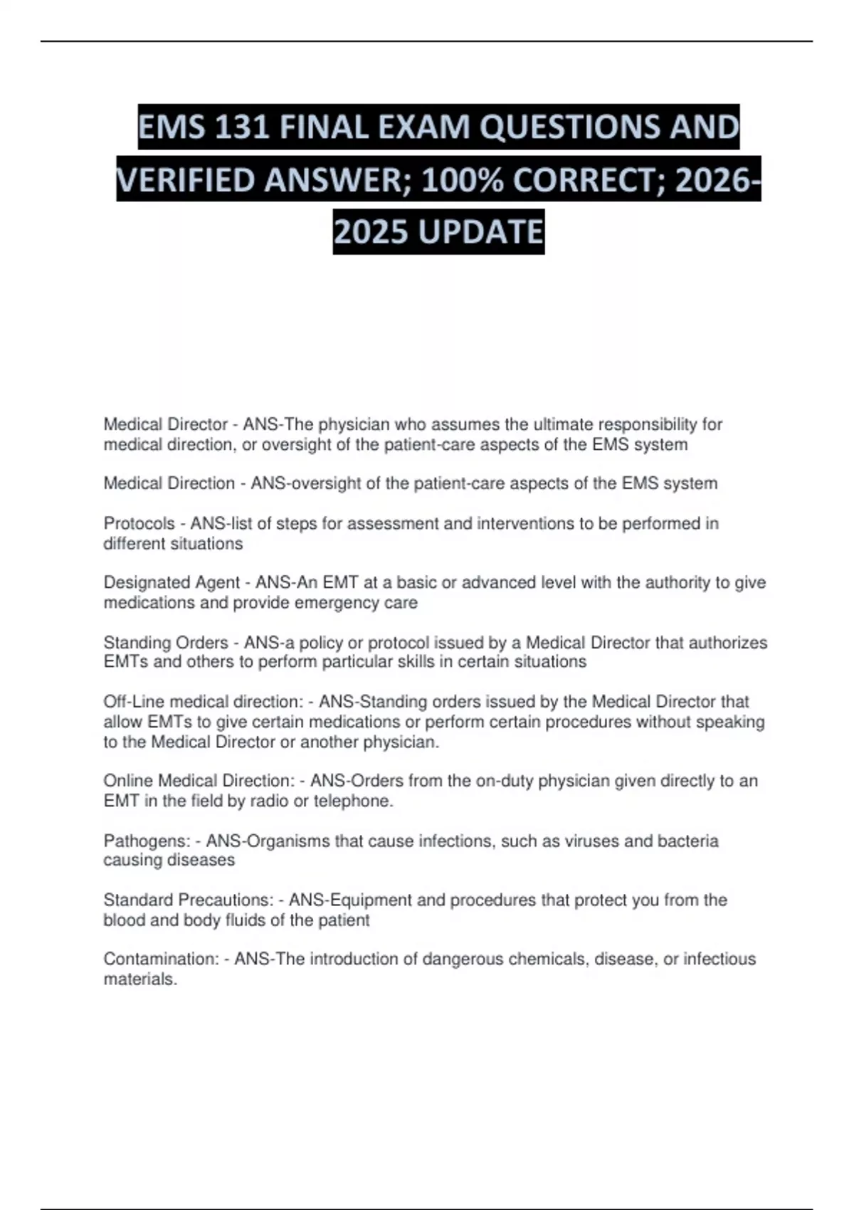 EMS 131 FINAL EXAM QUESTIONS AND VERIFIED ANSWER; 100- CORRECT; UPDATE ...