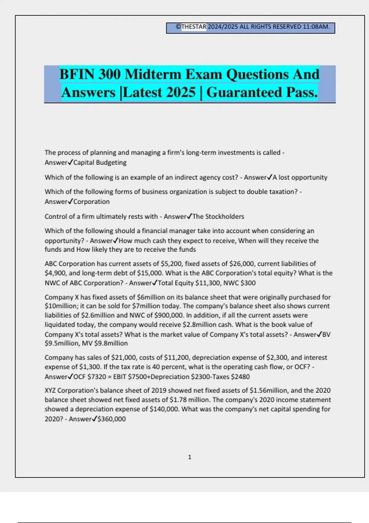 BFIN 300 Midterm Exam Questions And Answers |Latest 2025 | Guaranteed ...