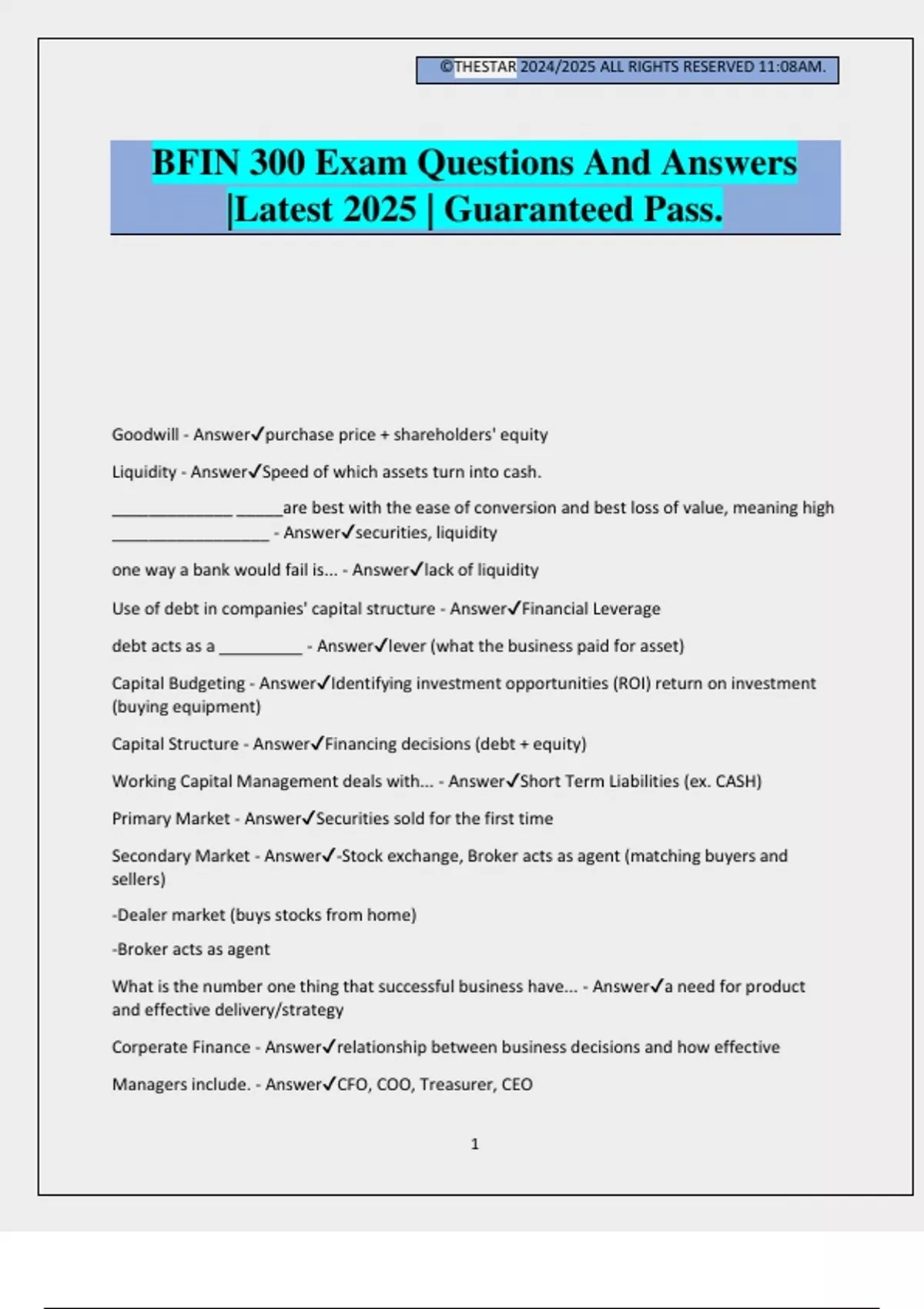 BFIN 300 Exam Questions And Answers |Latest 2025 | Guaranteed Pass ...