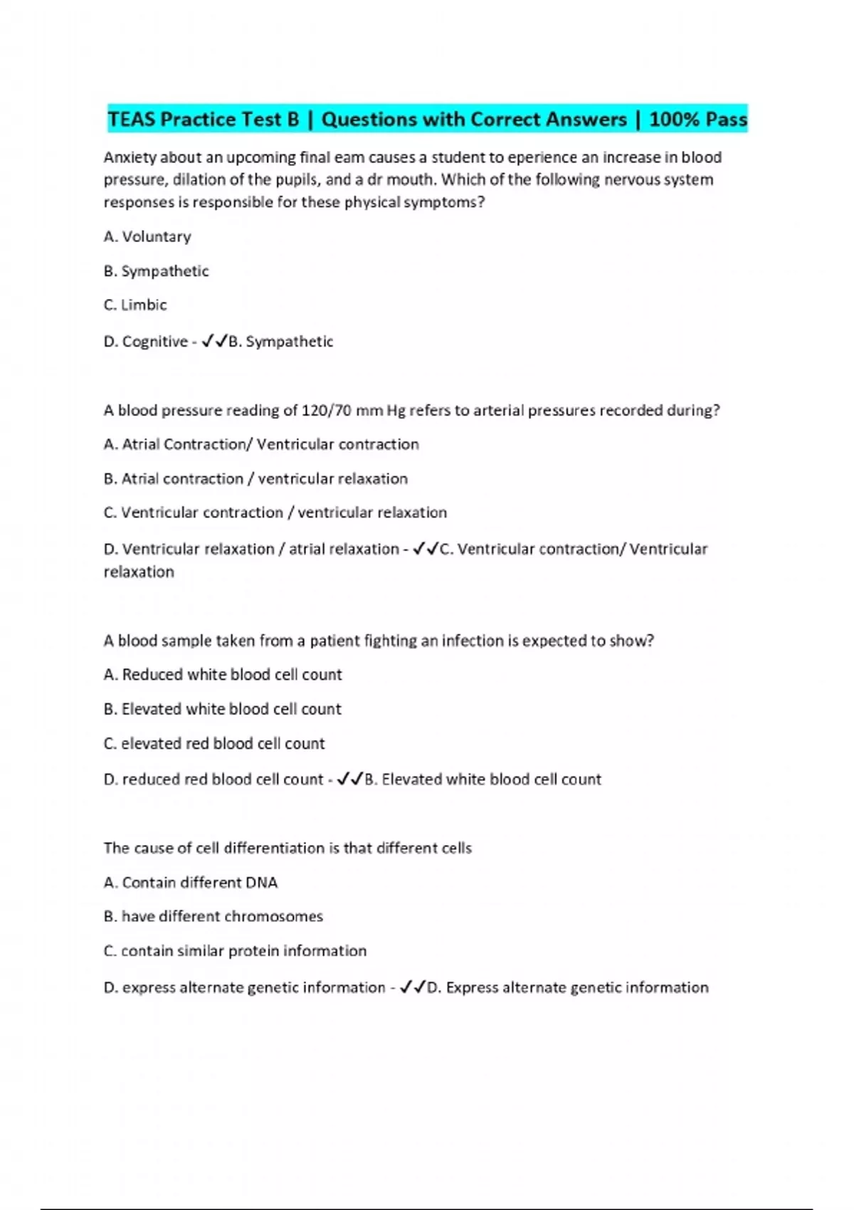 TEAS Practice Test B | Questions with Correct Answers | 100% Pass ...
