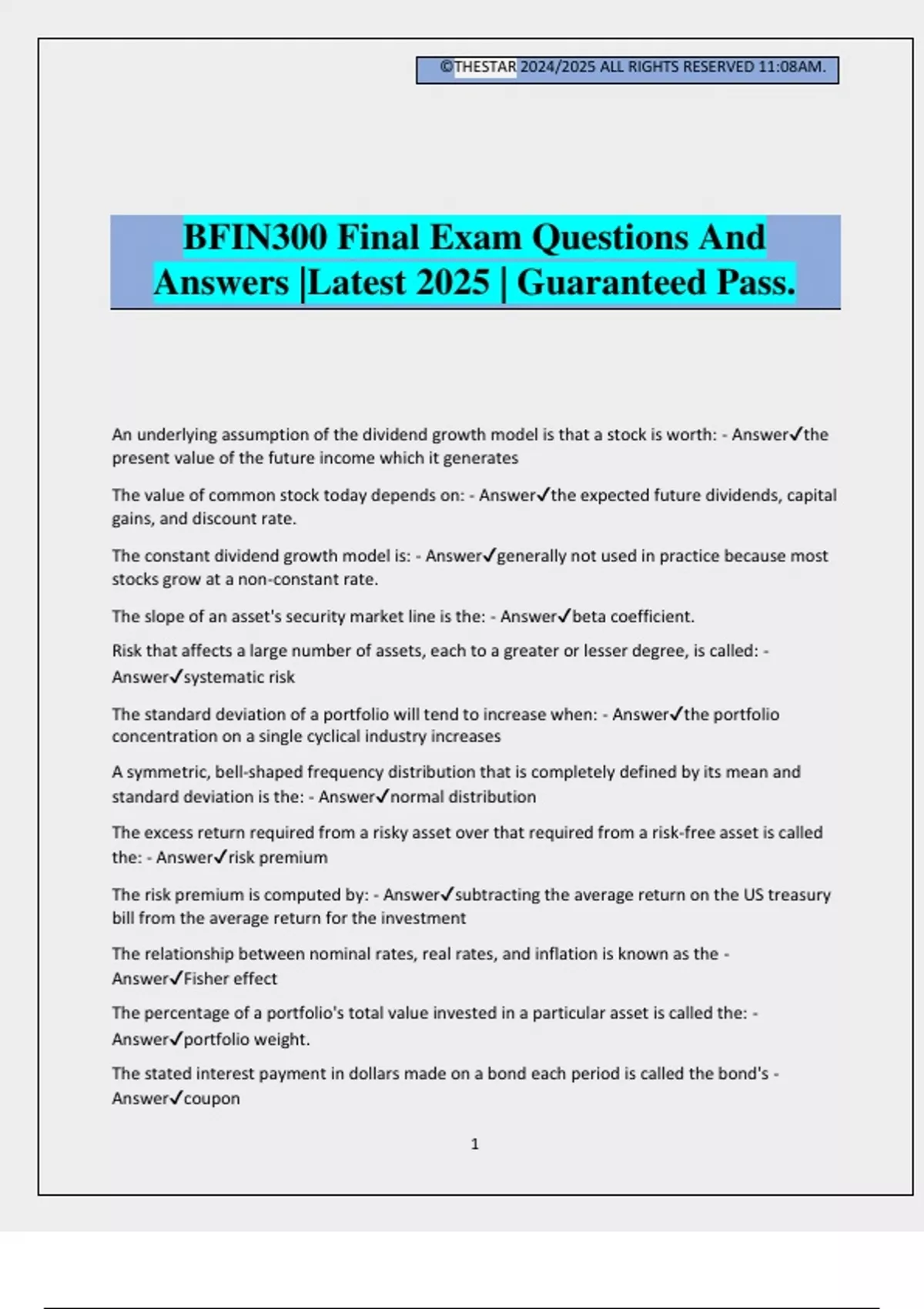 BFIN300 Final Exam Questions And Answers |Latest 2025 | Guaranteed Pass ...