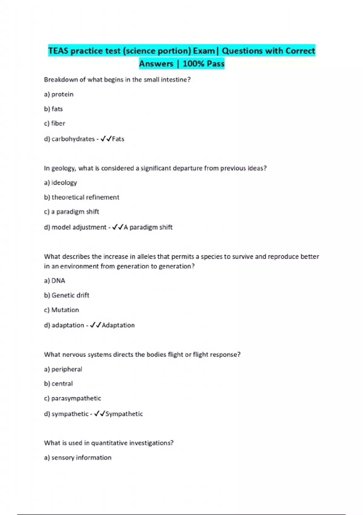 TEAS practice test (science portion) Exam| Questions with Correct ...