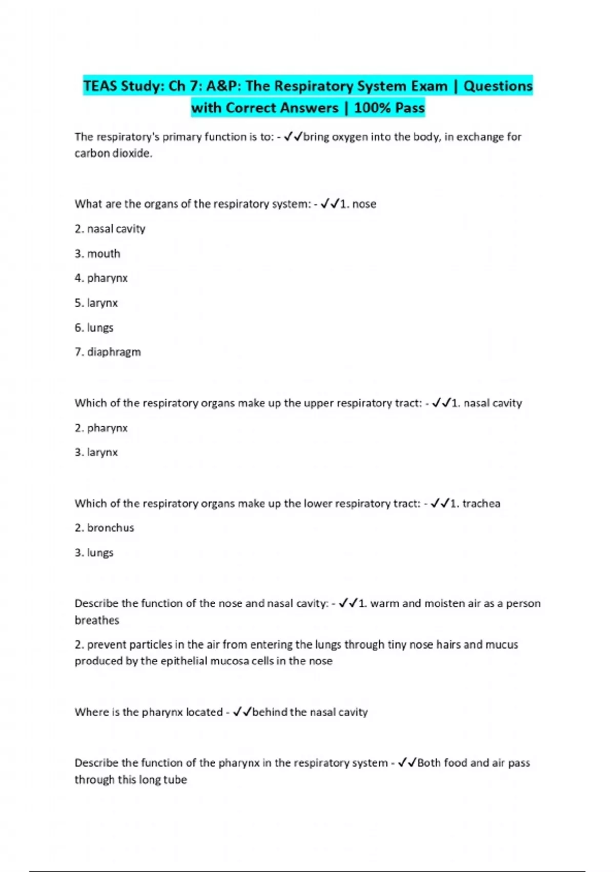 TEAS Study: Ch 7: A&P: The Respiratory System Exam | Questions with ...