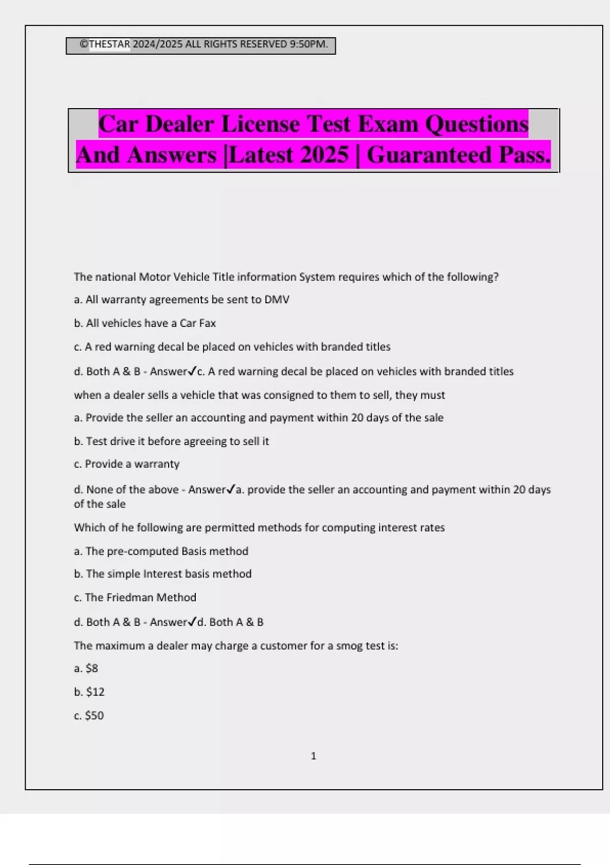 Car Dealer License Test Exam Questions And Answers |Latest 2025 ...
