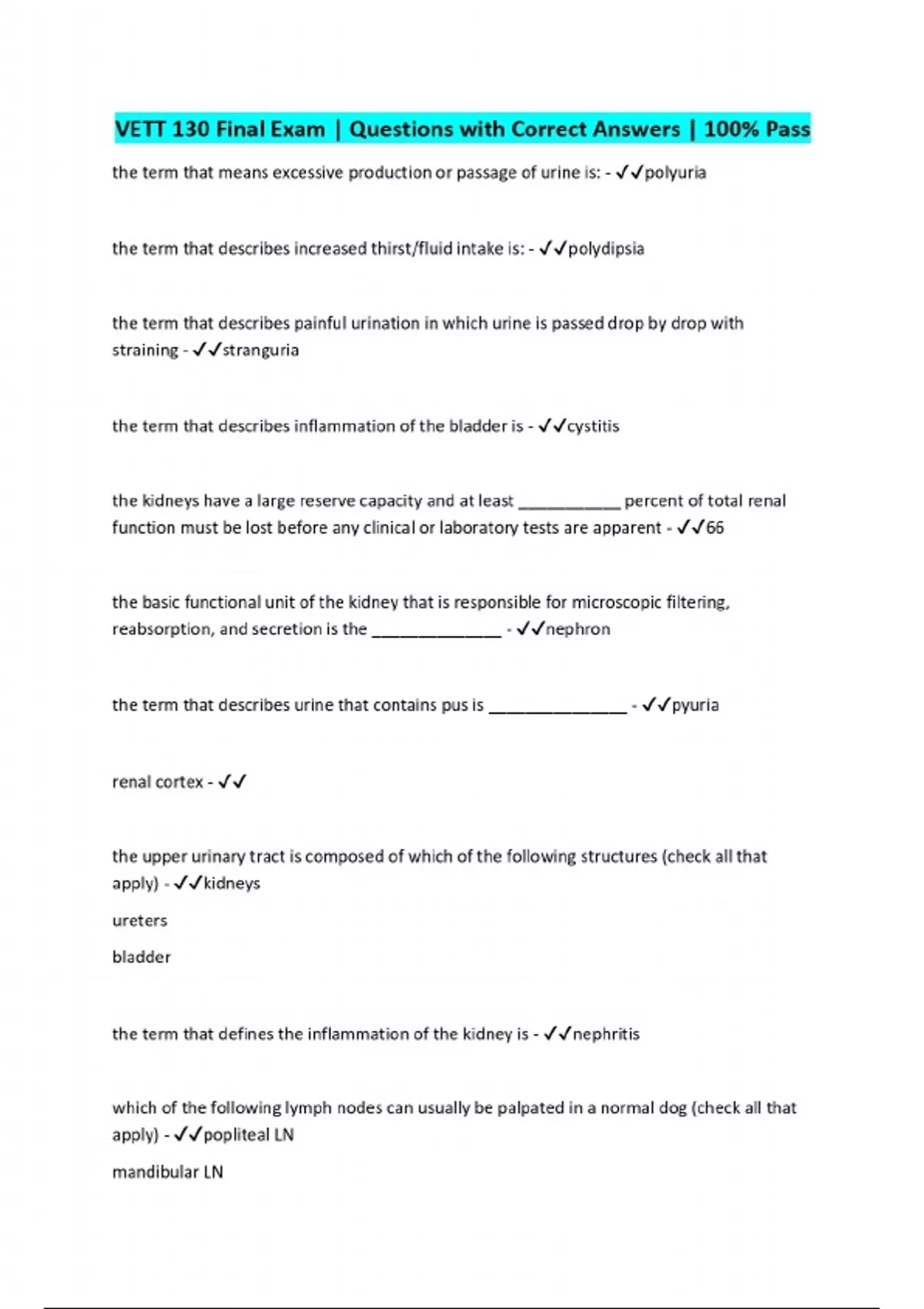 VETT 130 Final Exam | Questions with Correct Answers | 100% Pass - VETT ...