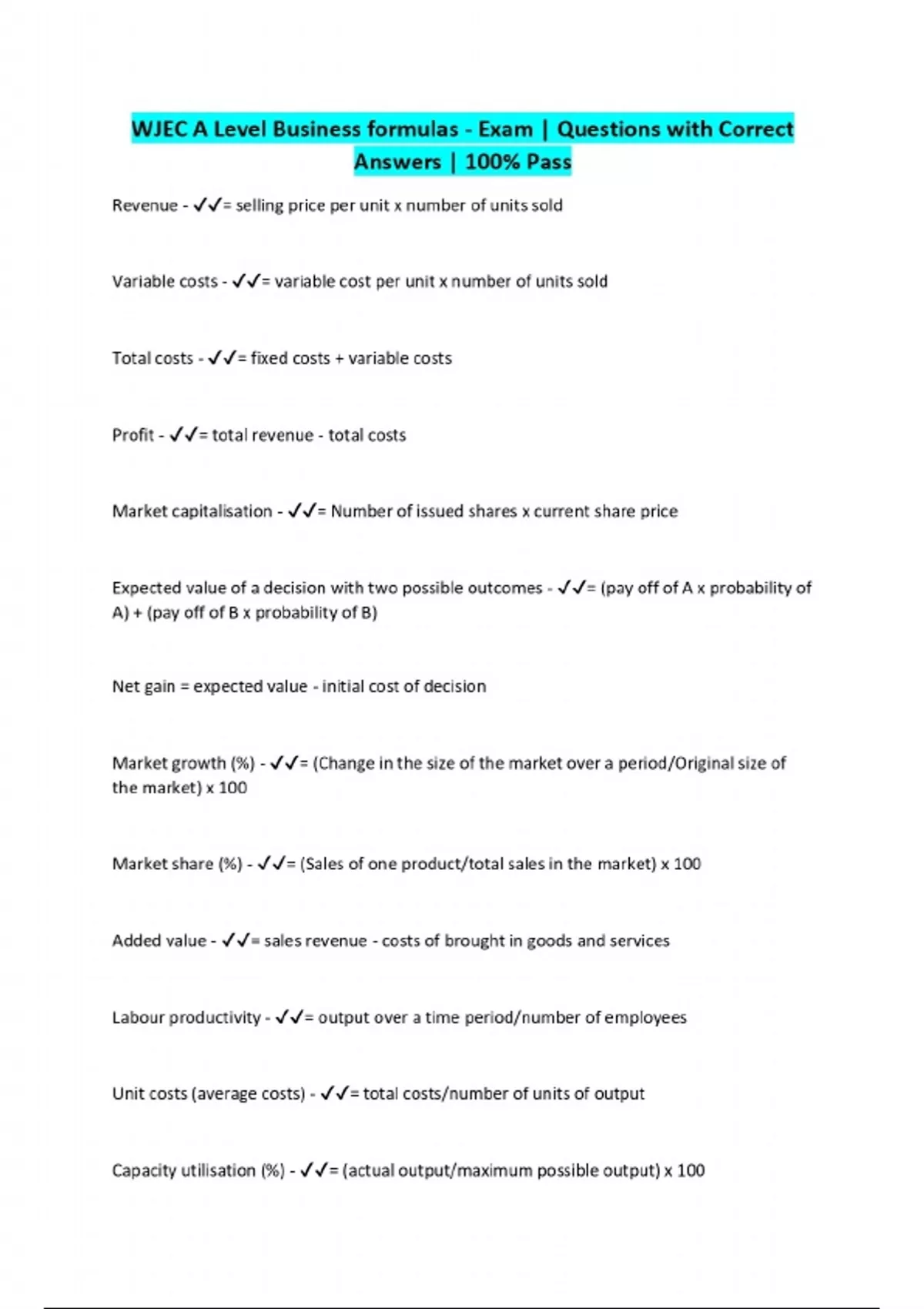 WJEC A Level Business formulas - Exam | Questions with Correct Answers ...
