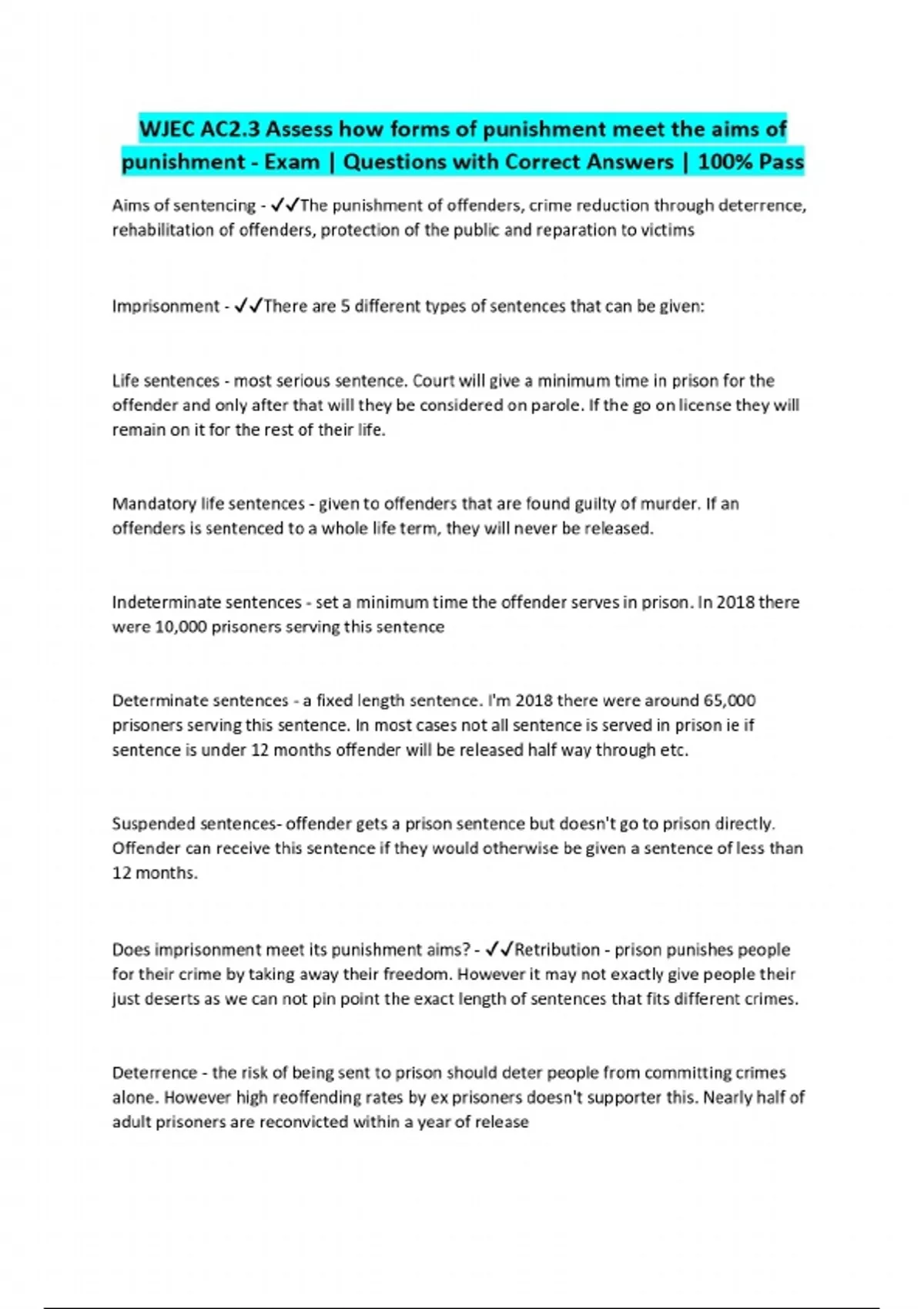 WJEC AC2.3 Assess how forms of punishment meet the aims of punishment ...