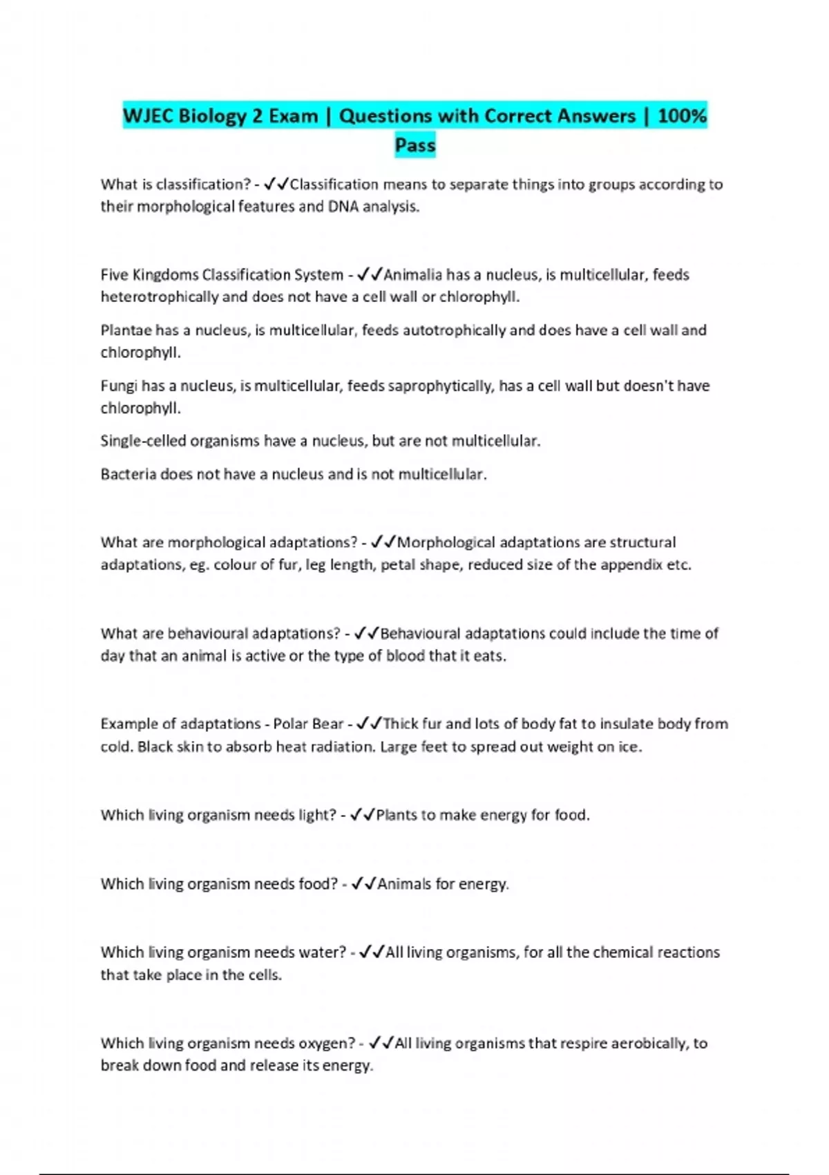 WJEC Biology 2 Exam | Questions with Correct Answers | 100% Pass - WJEC ...