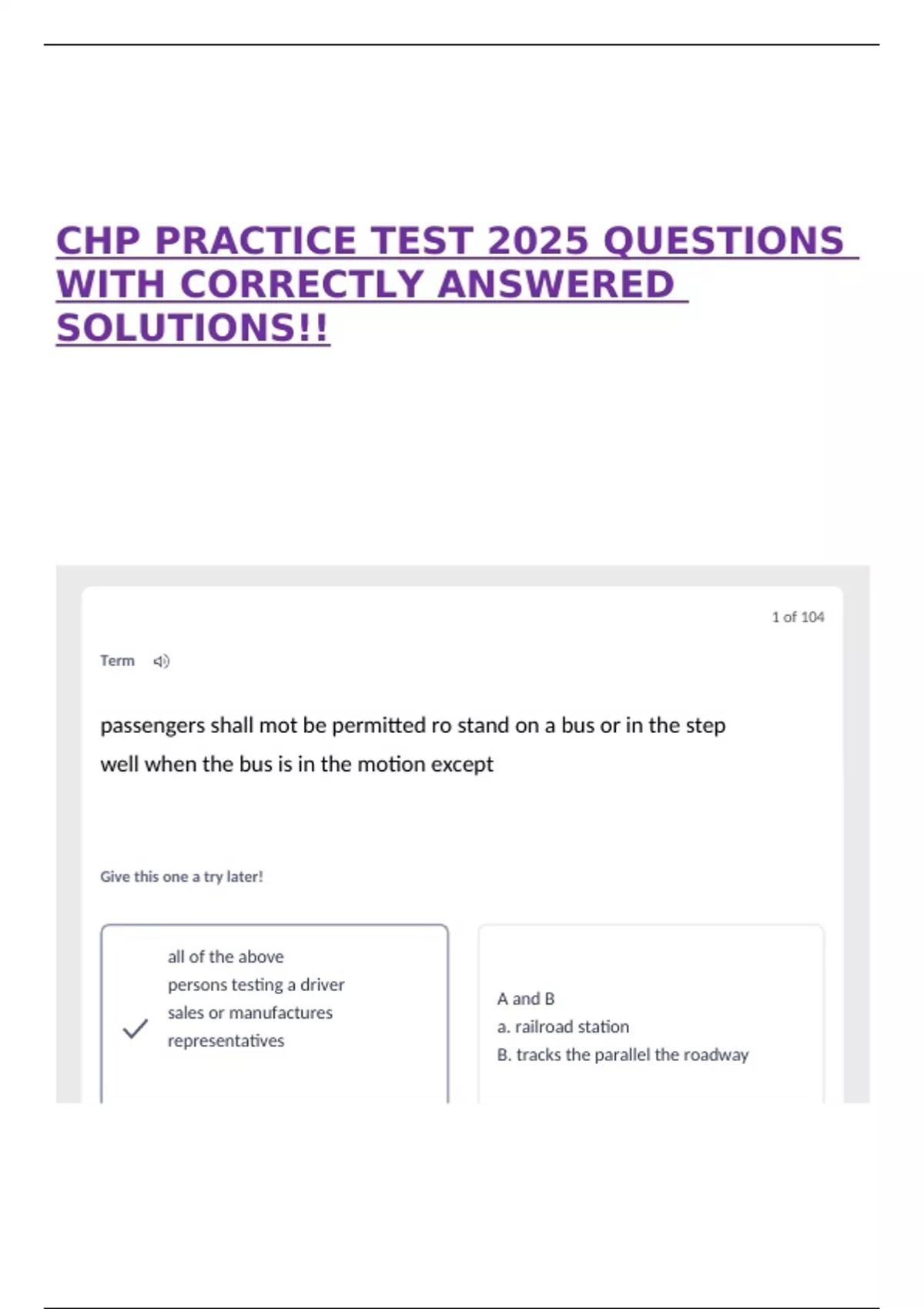 CHP PRACTICE TEST 2025 QUESTIONS WITH CORRECTLY ANSWERED SOLUTIONS ...