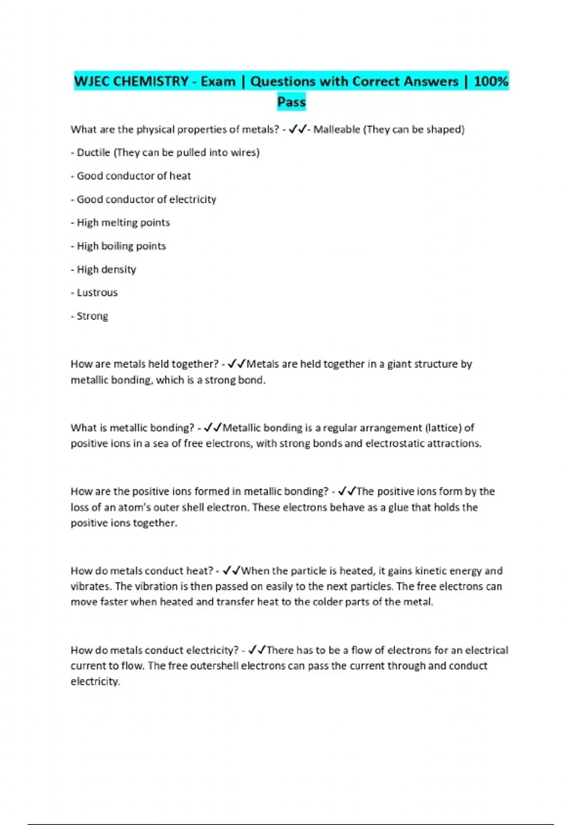 WJEC CHEMISTRY - Exam | Questions with Correct Answers | 100% Pass ...