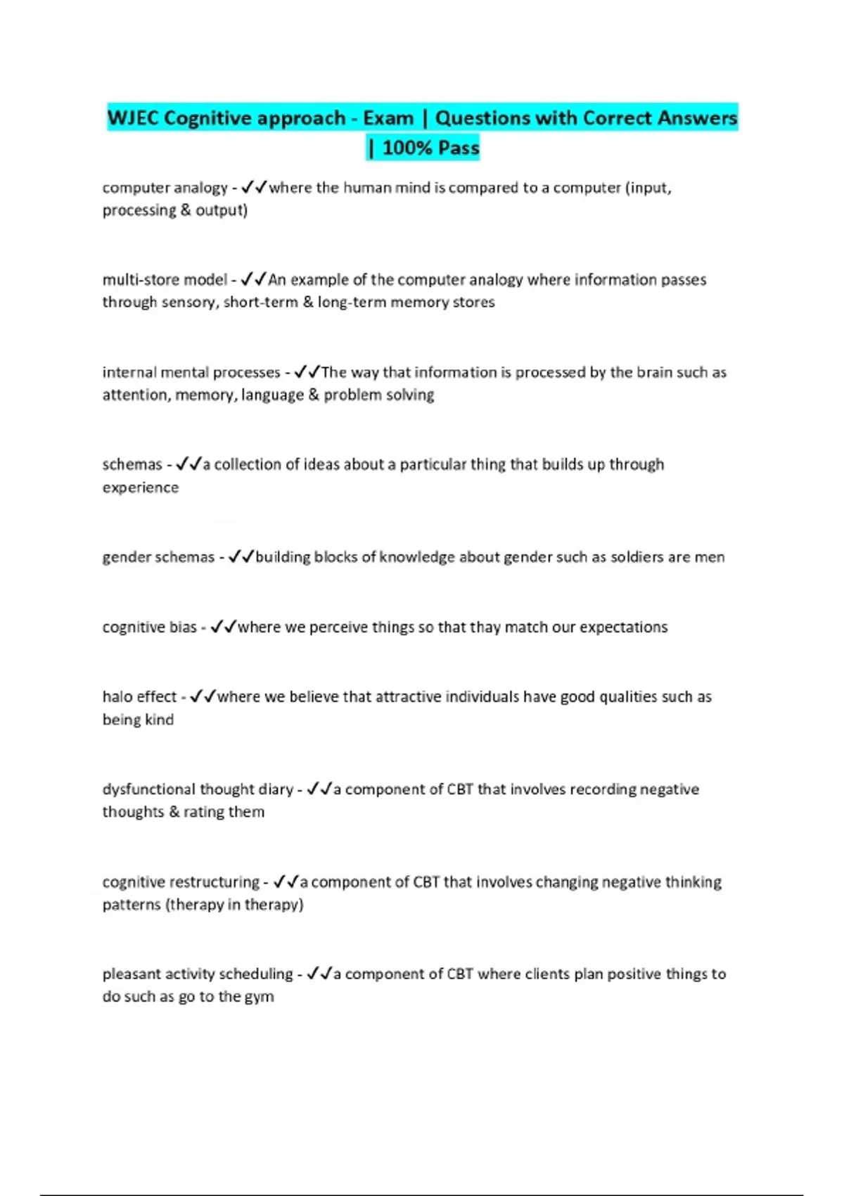WJEC Cognitive approach - Exam | Questions with Correct Answers | 100% ...