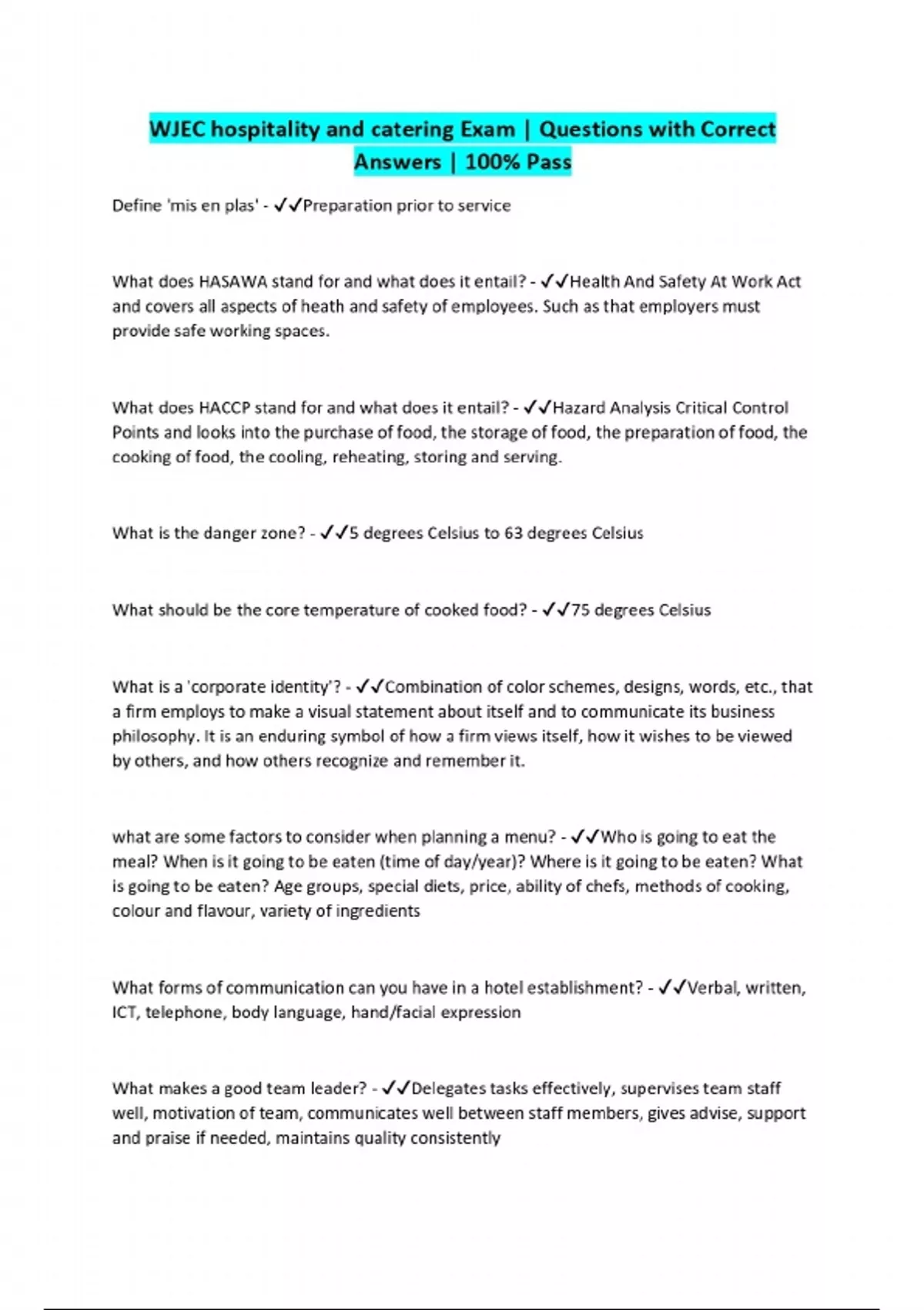 WJEC hospitality and catering Exam | Questions with Correct Answers ...