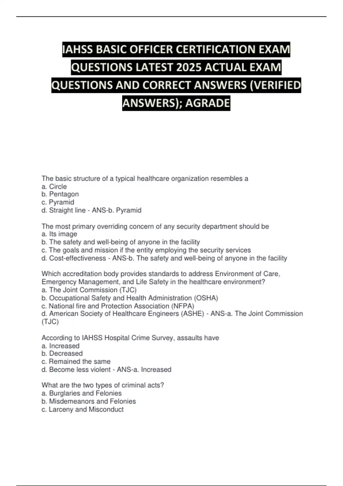 IAHSS BASIC OFFICER CERTIFICATION EXAM QUESTIONS LATEST 2025 ACTUAL ...