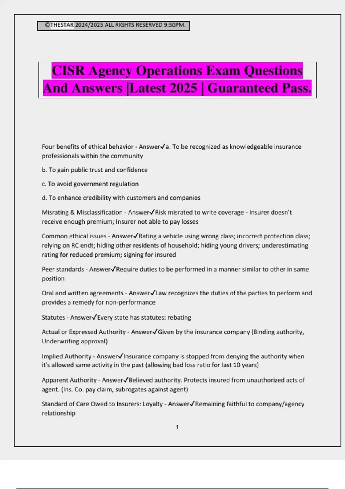 CISR Agency Operations Exam Questions And Answers |Latest 2025 ...