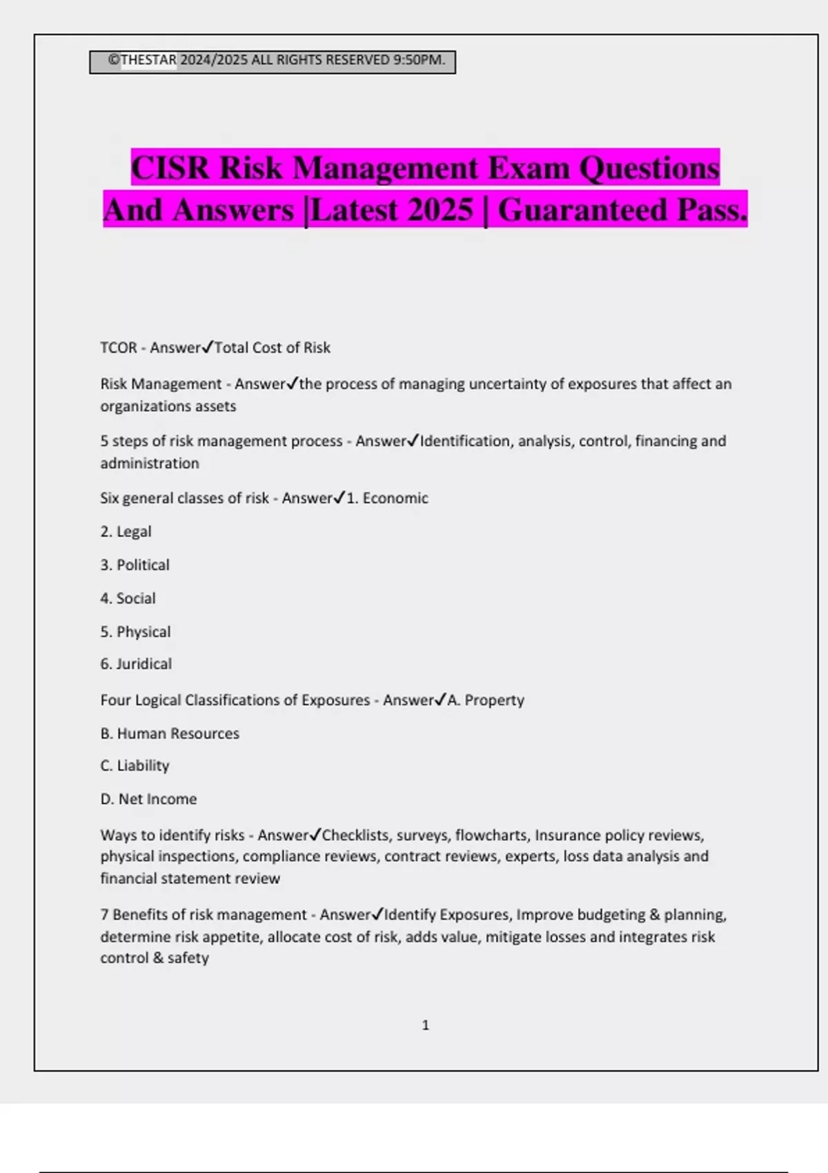 CISR Risk Management Exam Questions And Answers |Latest 2025 ...