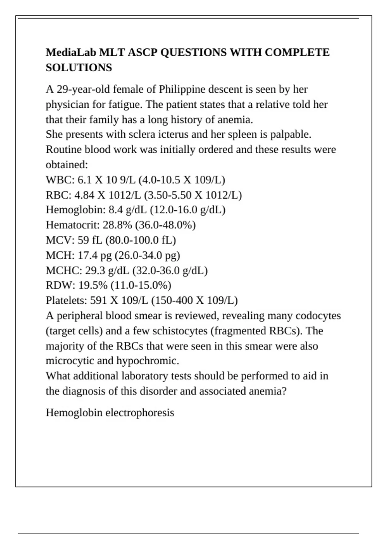 MediaLab MLT ASCP QUESTIONS WITH COMPLETE SOLUTIONS - ASCP - Stuvia US