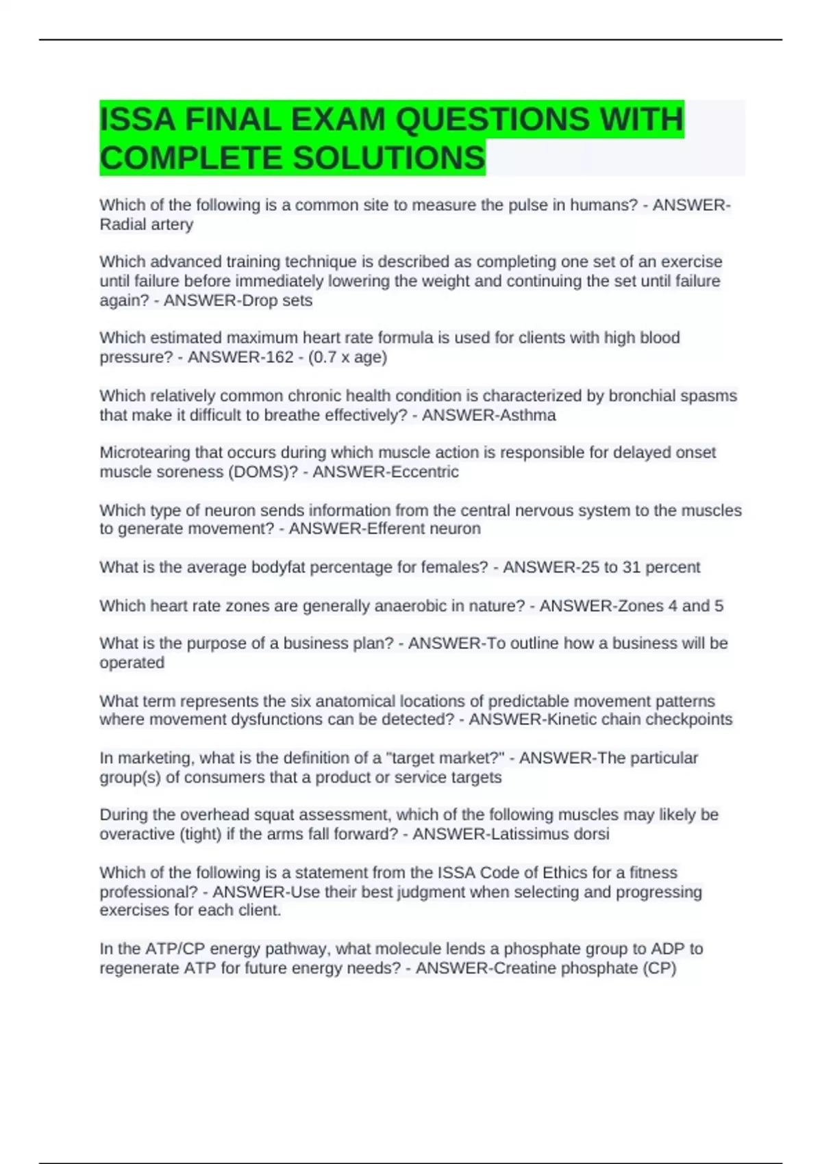 ISSA FINAL EXAM QUESTIONS WITH COMPLETE SOLUTIONS - ISSA - Stuvia US