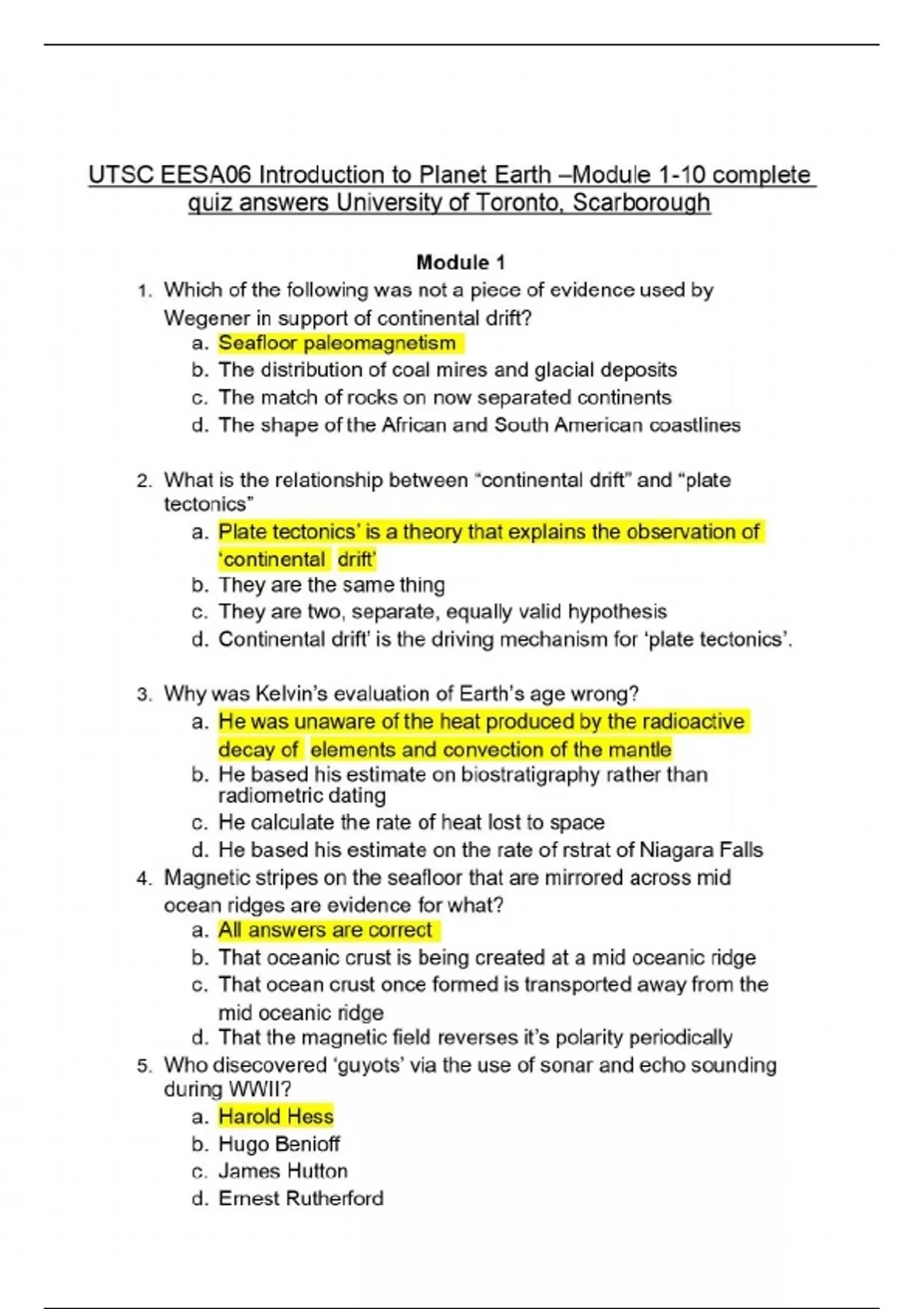 UTSC EESA06 Introduction to Planet Earth –Module 1-10 complete quiz ...