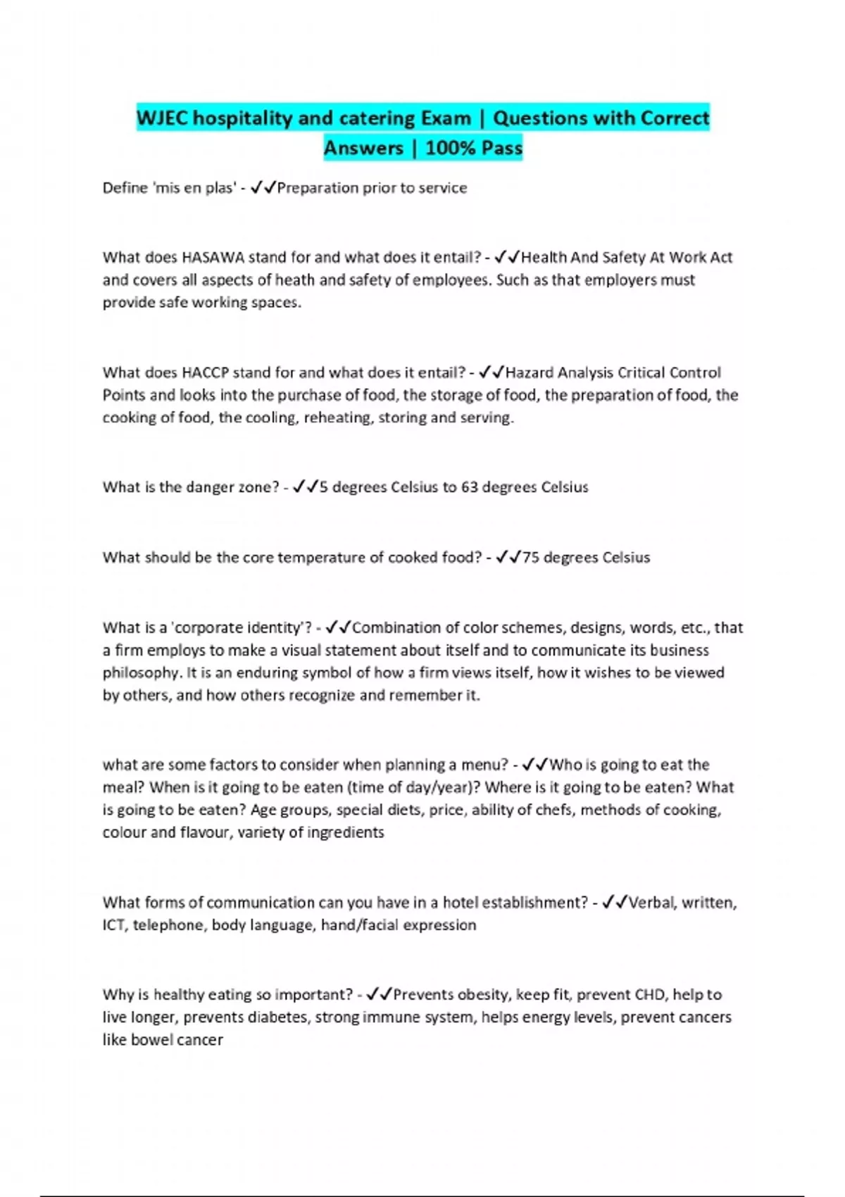 WJEC hospitality and catering Exam | Questions with Correct Answers ...