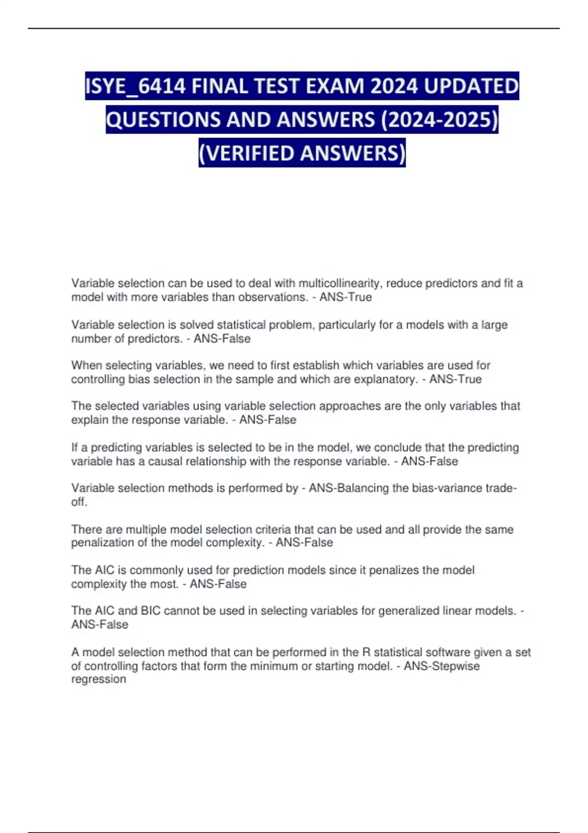 ISYE_6414 FINAL TEST EXAM 2024 UPDATED QUESTIONS AND ANSWERS ...