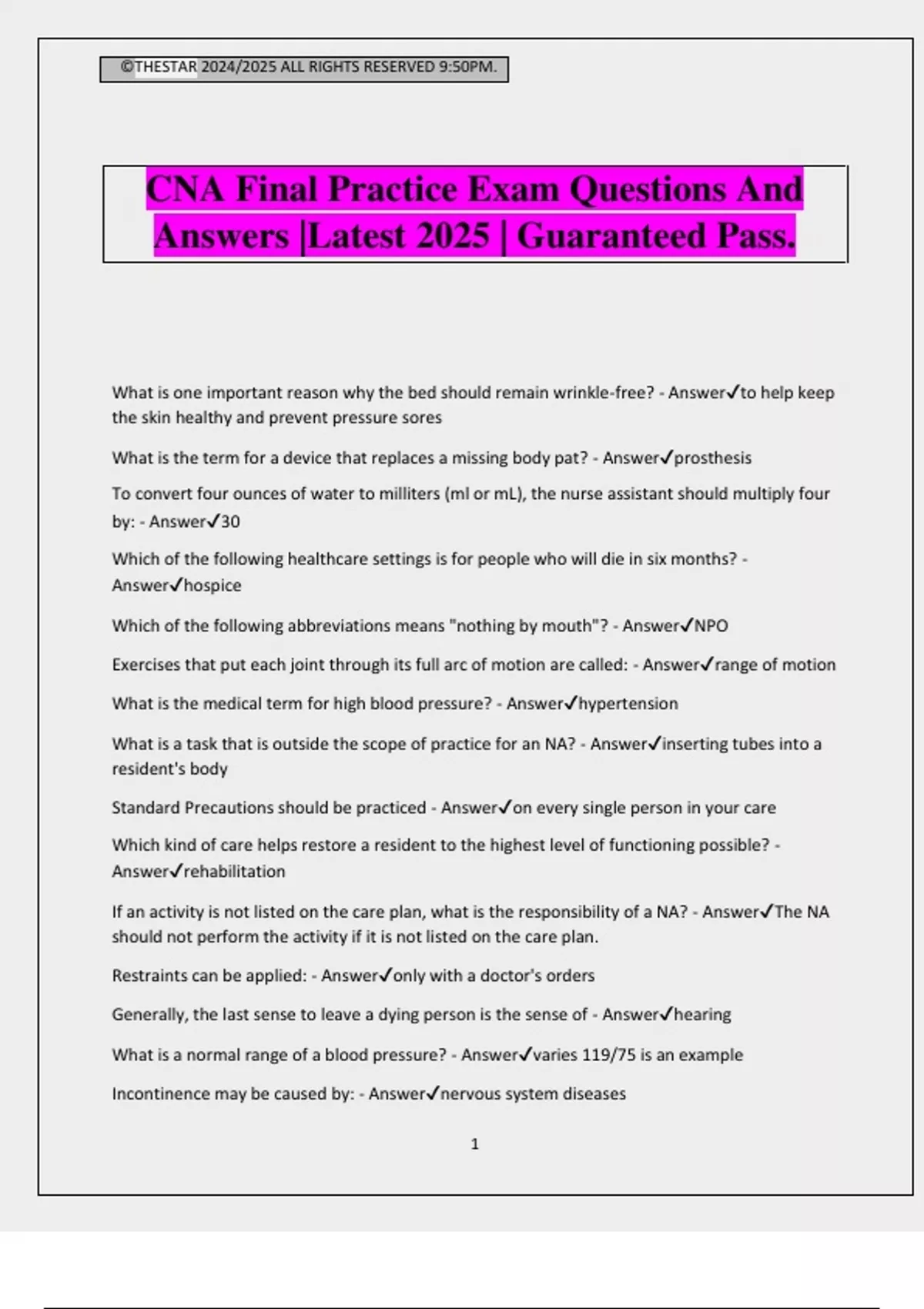 CNA Final Practice Exam Questions And Answers |Latest 2025 | Guaranteed ...