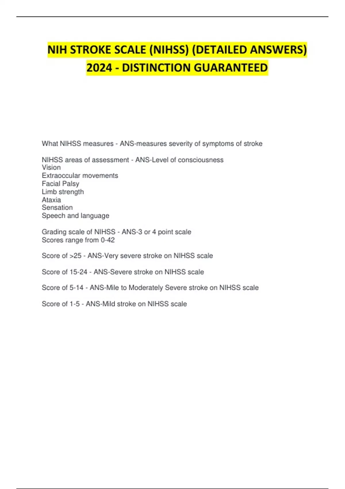 NIH STROKE SCALE (NIHSS) (DETAILED ANSWERS) 2025 - DISTINCTION ...