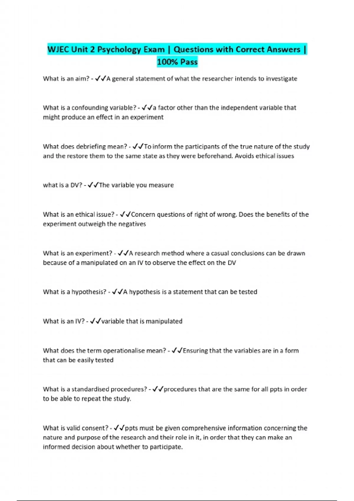 WJEC Unit 2 Psychology Exam | Questions with Correct Answers | 100% ...