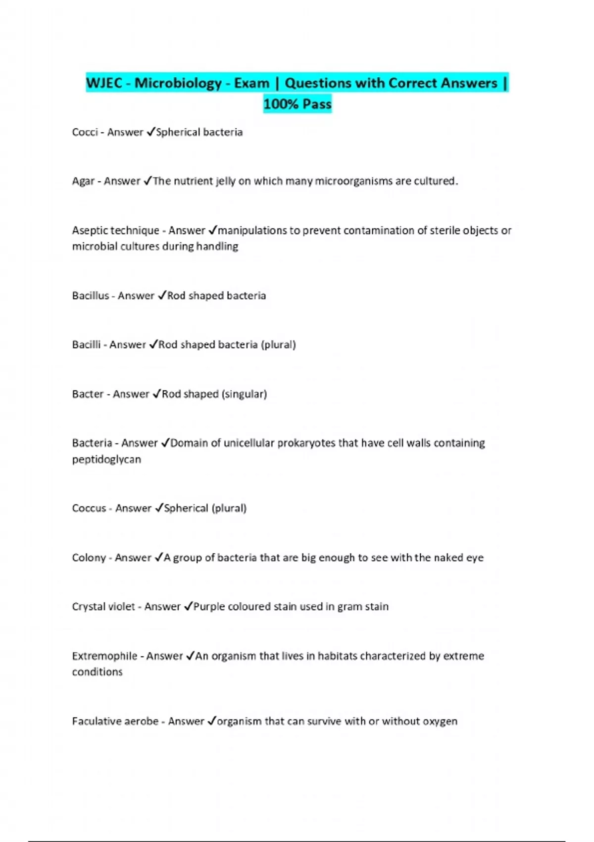 WJEC - Microbiology - Exam | Questions with Correct Answers | 100% Pass ...