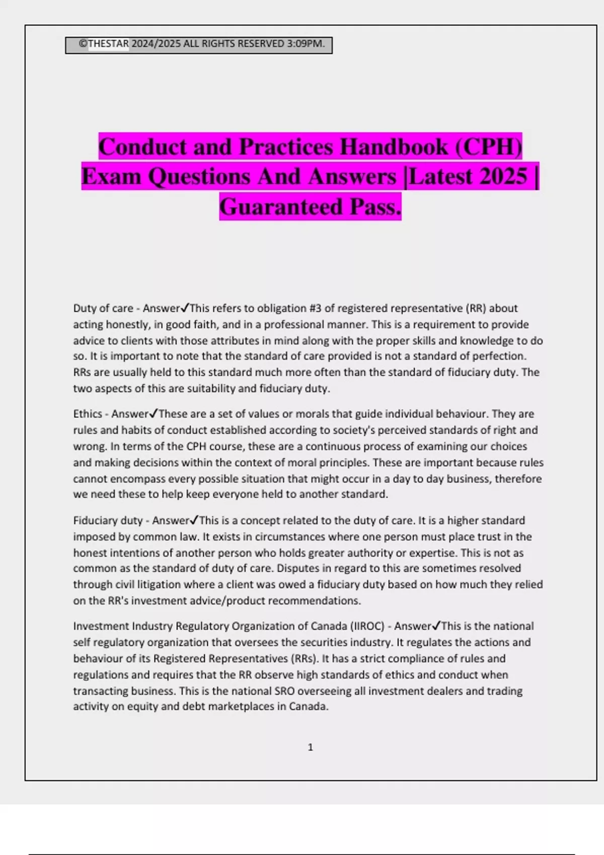 Conduct and Practices Handbook (CPH) Exam Questions And Answers |Latest ...