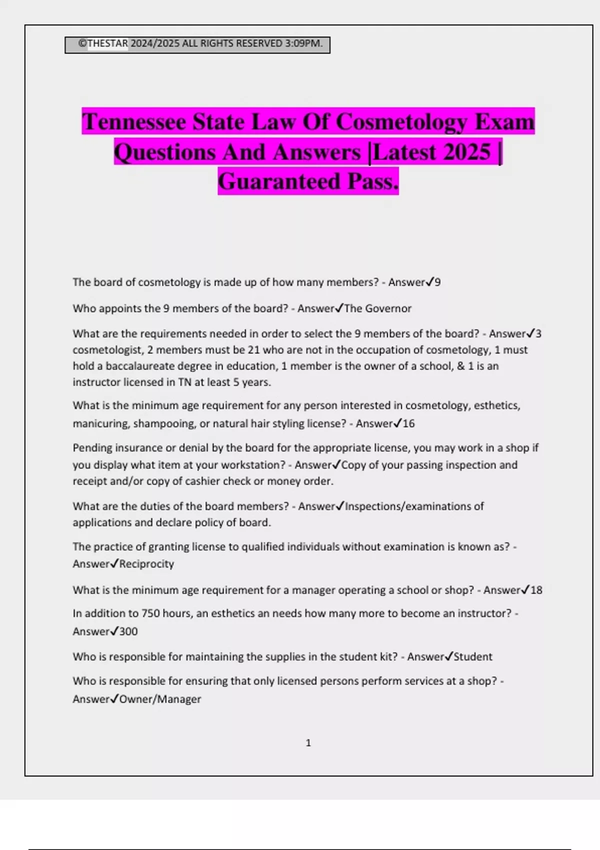 Tennessee State Law Of Cosmetology Exam Questions And Answers |Latest ...