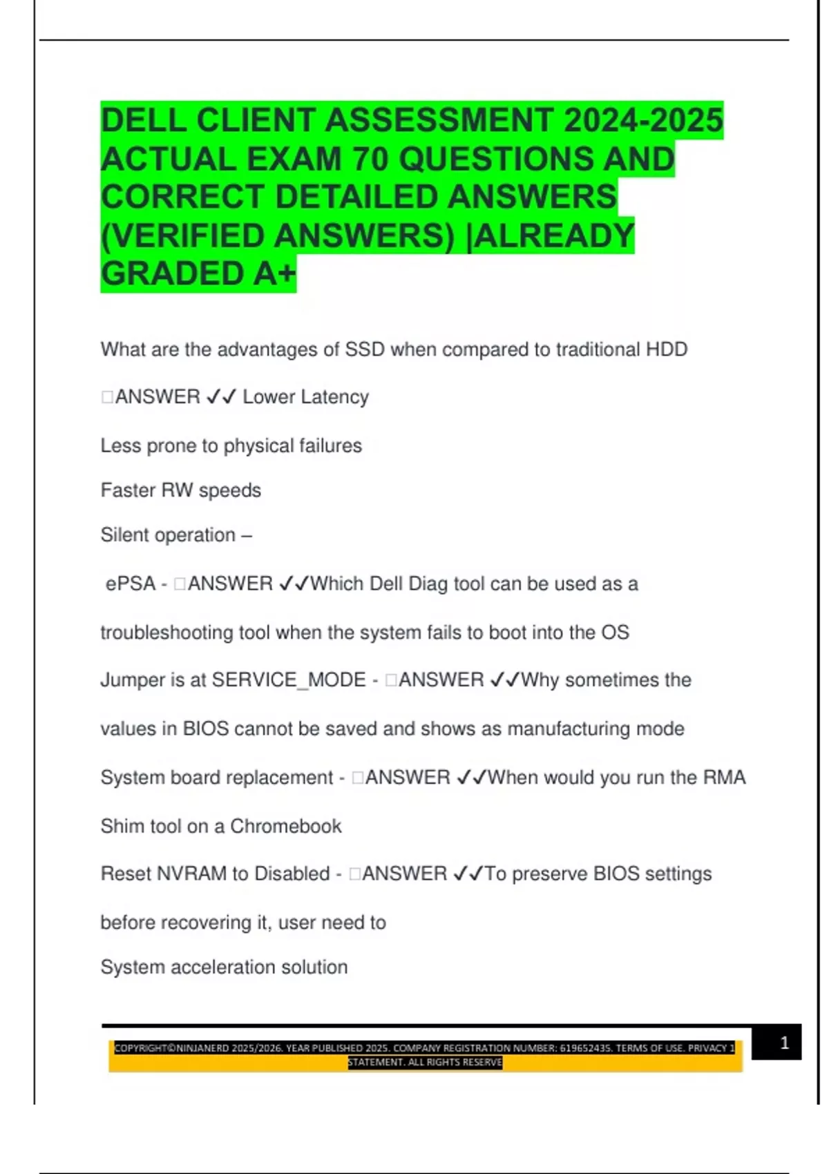 DELL CLIENT ASSESSMENT ACTUAL EXAM 70 QUESTIONS AND CORRECT DETAILED ...
