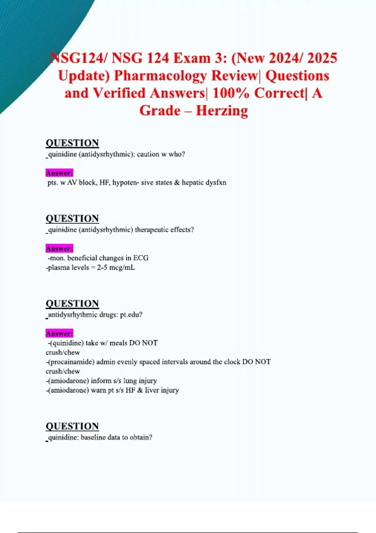 NSG124/ NSG 124 Exam 3: (Latest 2024/ 2025 Update) Pharmacology Review ...