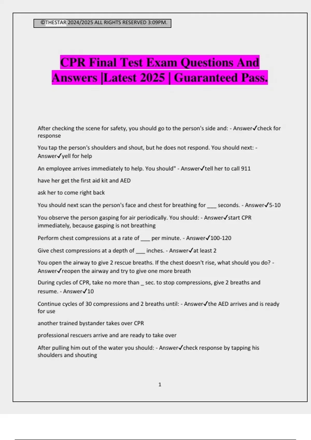 CPR Final Test Exam Questions And Answers |Latest 2025 | Guaranteed ...