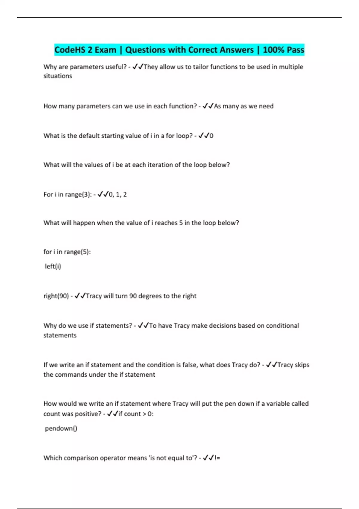 CodeHS 2 Exam | Questions with Correct Answers | 100% Pass - CodeHS ...