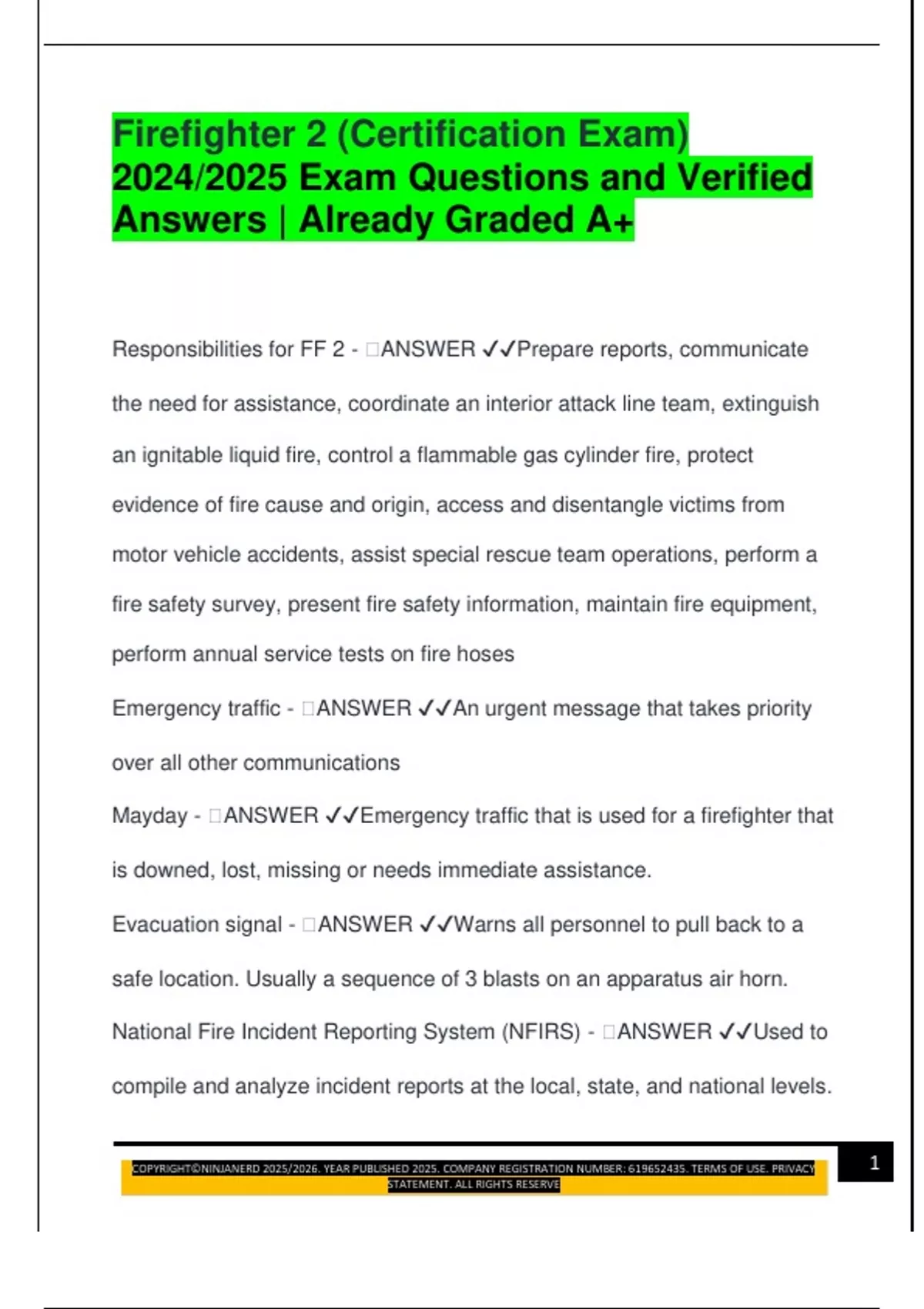 Firefighter 2 (Certification Exam) 2024/2025 Exam Questions and Verified Answers | Already ...