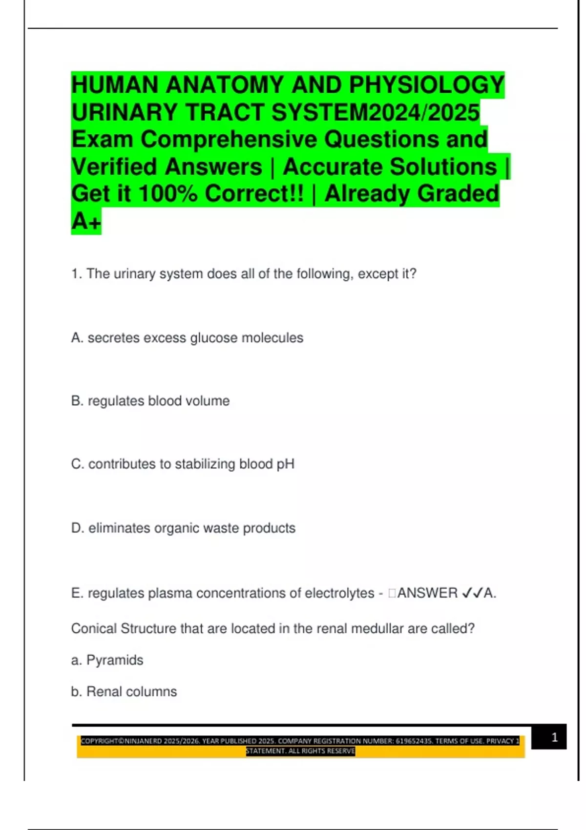 HUMAN ANATOMY AND PHYSIOLOGY URINARY TRACT SYSTEM2024/2025 Exam ...