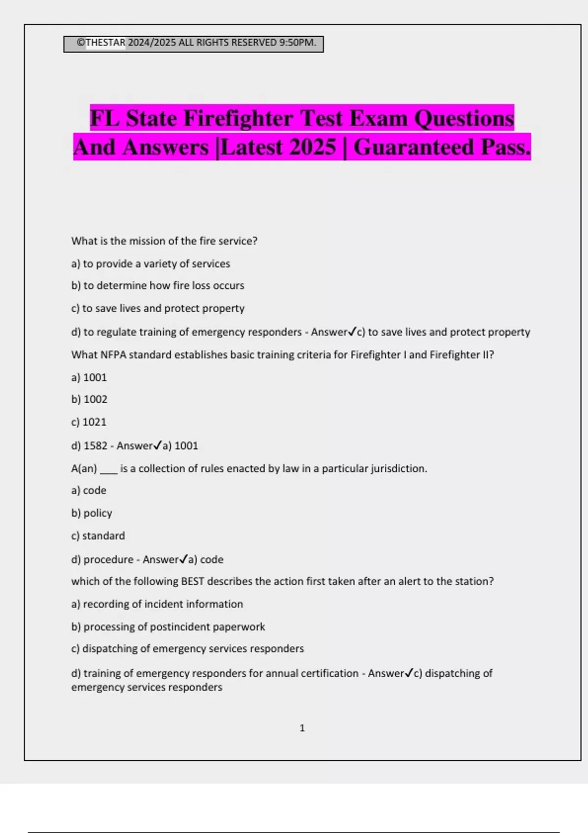 FL State Firefighter Test Exam Questions And Answers |Latest 2025 ...