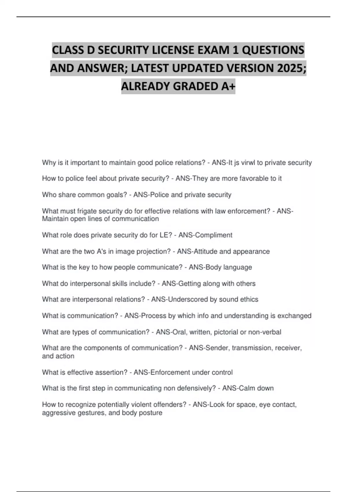 CLASS D SECURITY LICENSE EXAM 1 QUESTIONS AND ANSWER; LATEST UPDATED ...