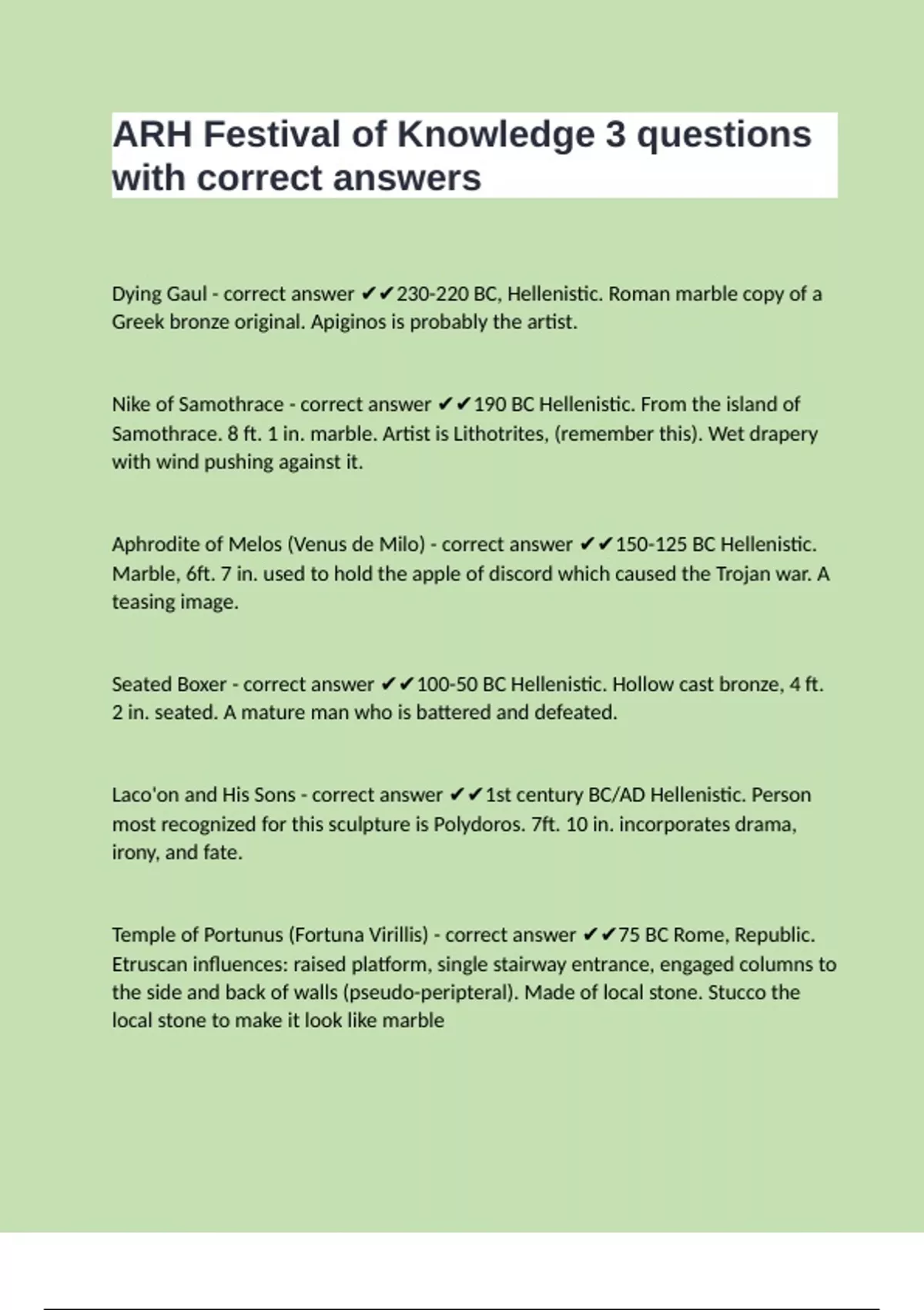 ARH Festival of Knowledge 3 questions with correct answers - ARH - Stuvia US