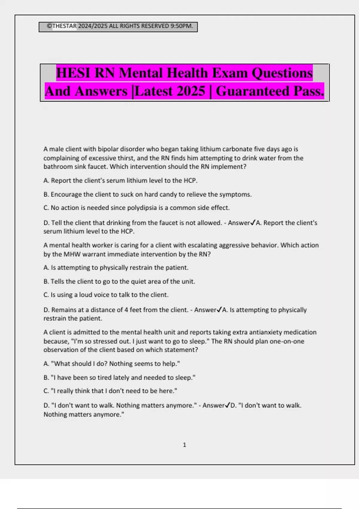 HESI RN Mental Health Exam Questions And Answers |Latest 2025 ...